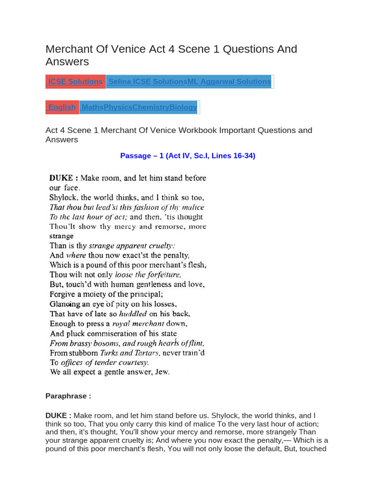 Merchant of Venice Act 4 Scene 1 Q&A | PDF | The Merchant Of Venice ...