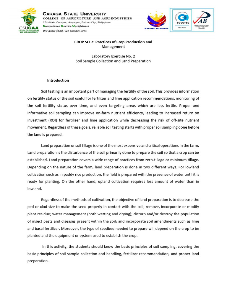 CS2.LE2 Soil Sample Collection and Land Preparation 1 | PDF | Tillage ...
