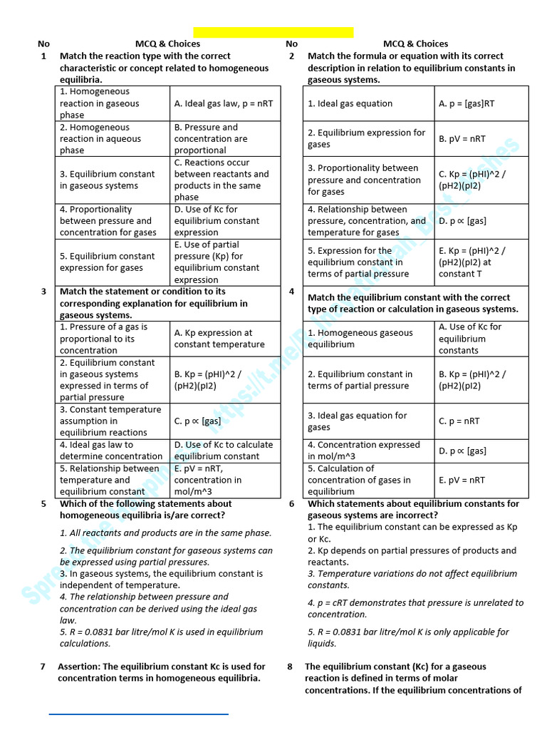 42 MCQs - Homogeneous Equilibria | PDF | Chemical Equilibrium | Gases
