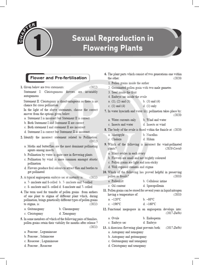 Sexual Reproduction in Flowering Plants PYQ | PDF | Pollination | Flowers