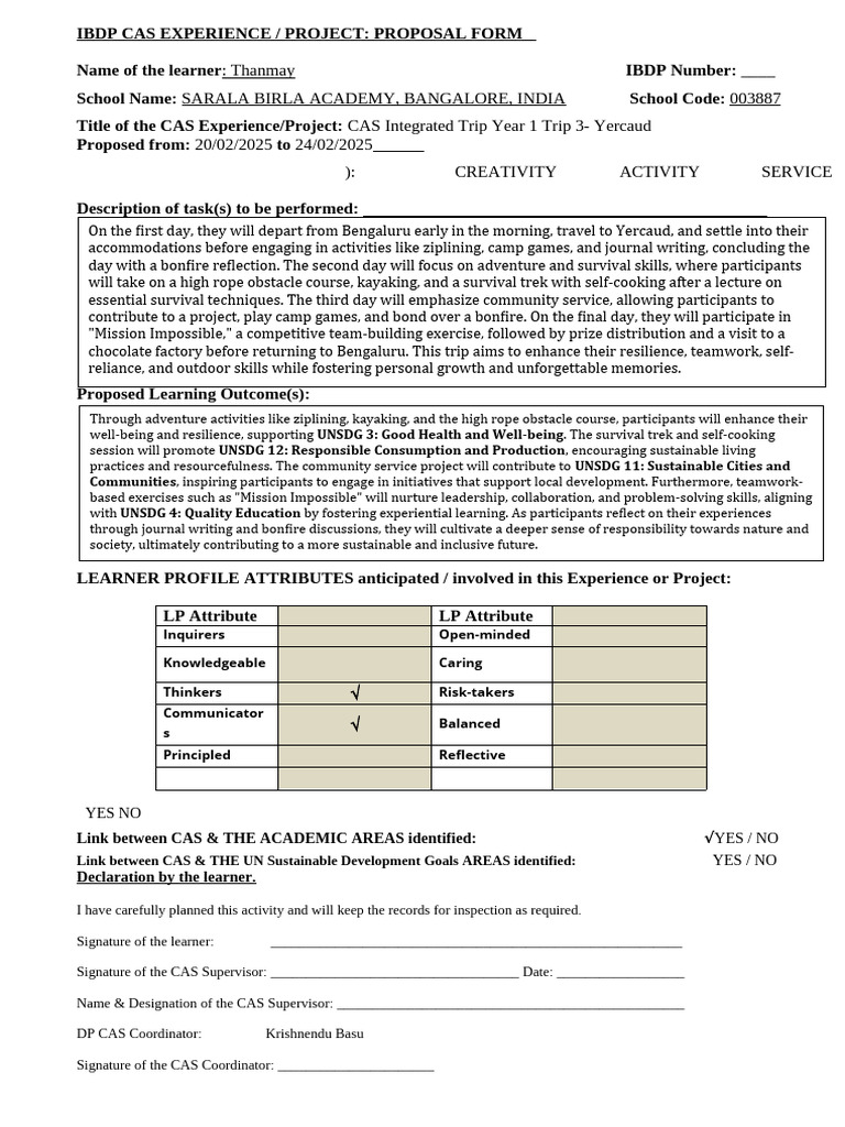 CAS Proposal Form Year 1 CAS Trip 3 | PDF | Learning | Behavior ...