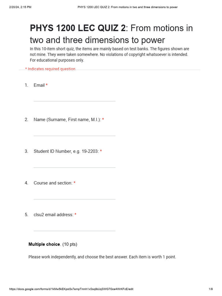 Phys 1200 Lec Quiz 2 (2022) - Google Forms | PDF | Tension (Physics) | Motion (Physics)
