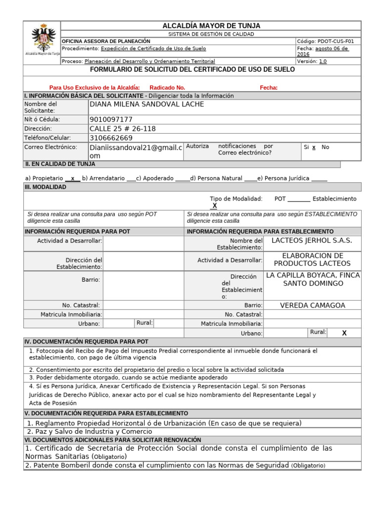 522053956 Formulario de Solicitud de Certificado de Uso de Suelo | PDF | Propiedad