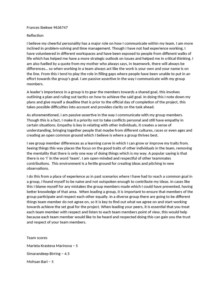 Teamwork and Leadership Reflection | PDF | Cognitive Science | Behavior Modification