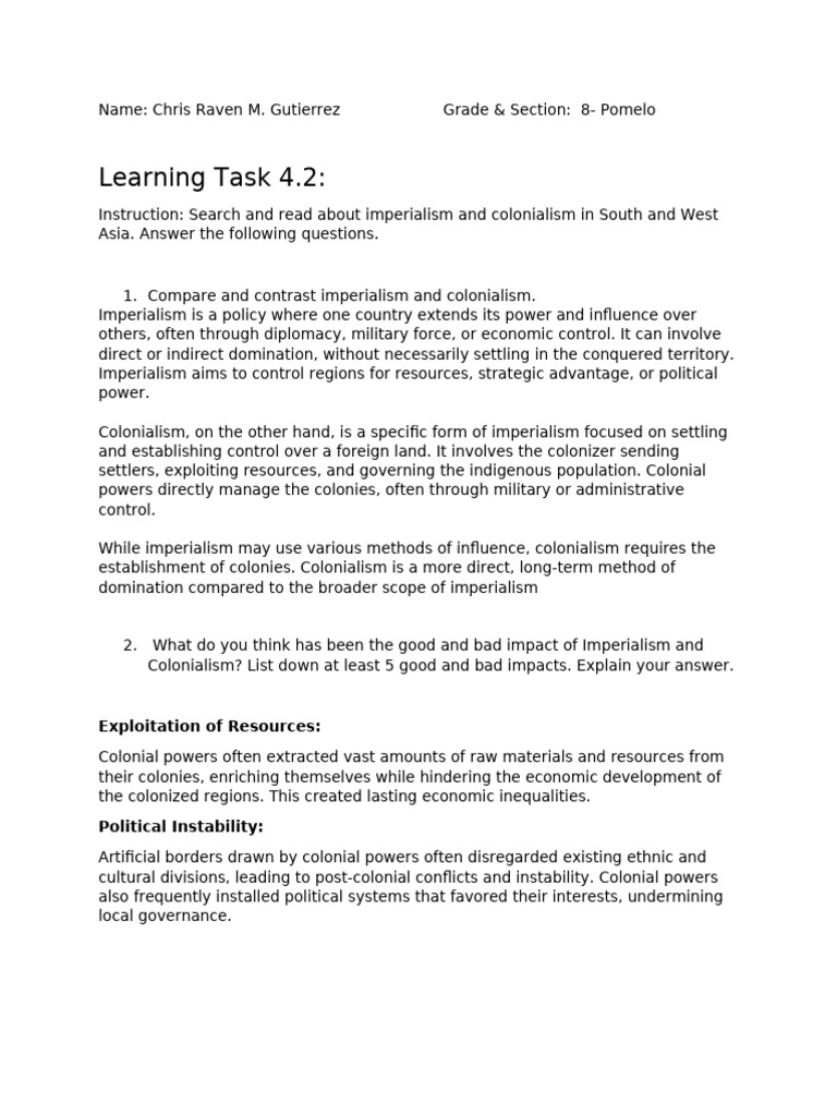 Grade 8: Imperialism vs. Colonialism | PDF