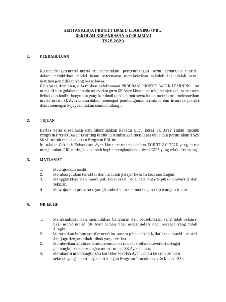 Kertas Kerja PBL SK Ayer Limau 2020 | PDF