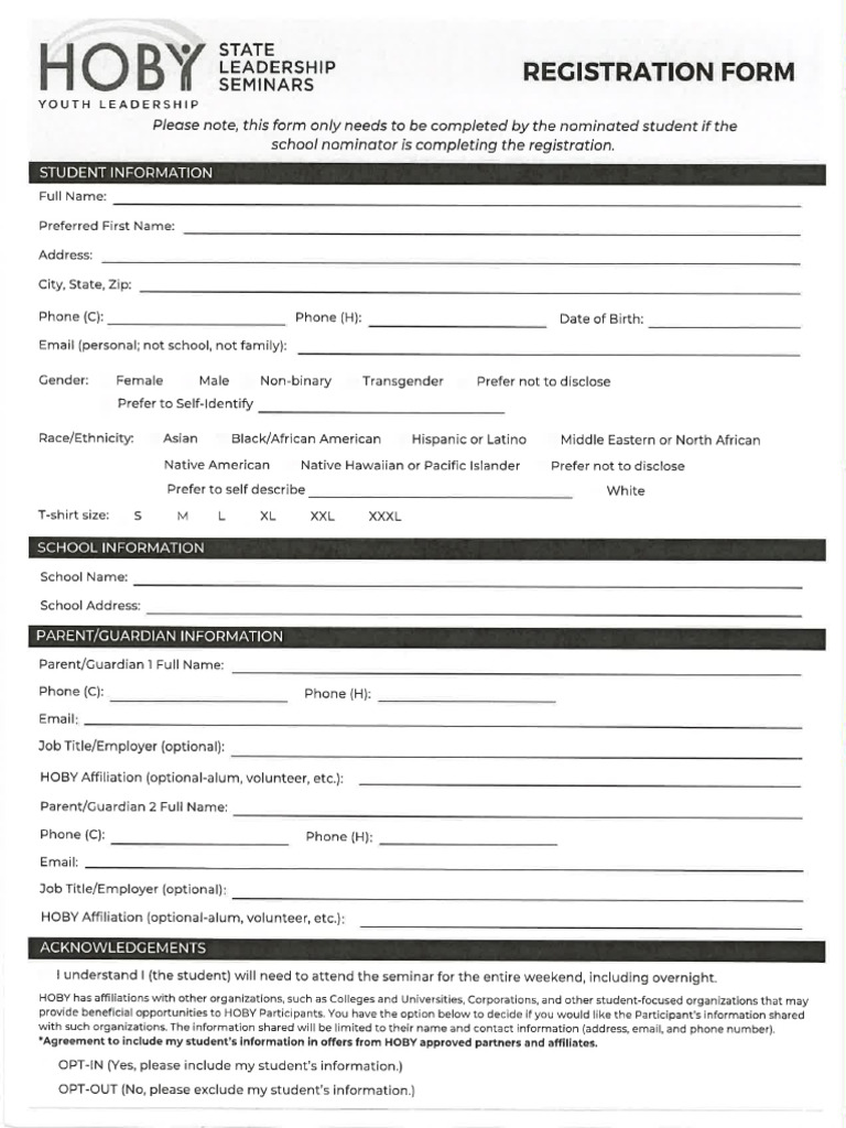 HOBY Registration Form | PDF