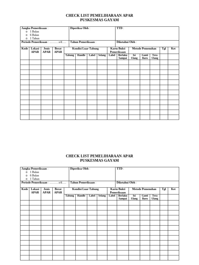 Checklist Pemeliharaan APAR Puskesmas | PDF