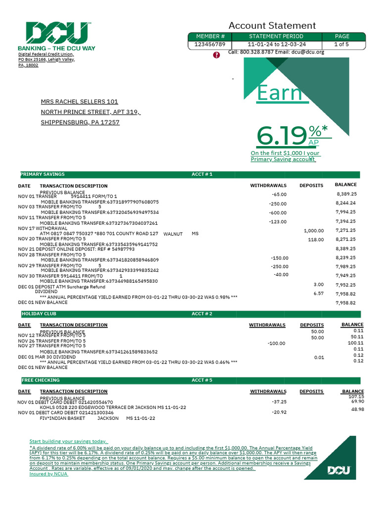 USA DCU Bank Statement 5 Page PDF | PDF | Overdraft | Transaction Account