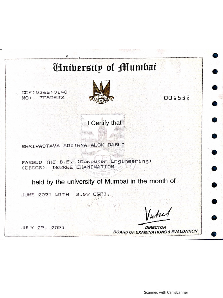 Adithya BE Certificate | PDF