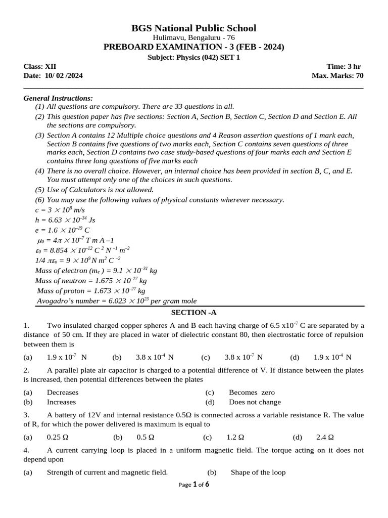 Physics Preboard Exam Class XII - Feb 2024 | PDF | Diffraction | Photoelectric Effect