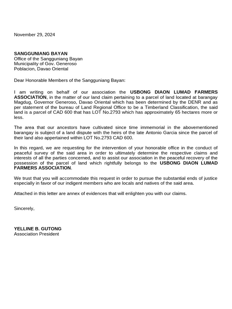 Land Claim Request by USBONG DIAON Farmers | PDF