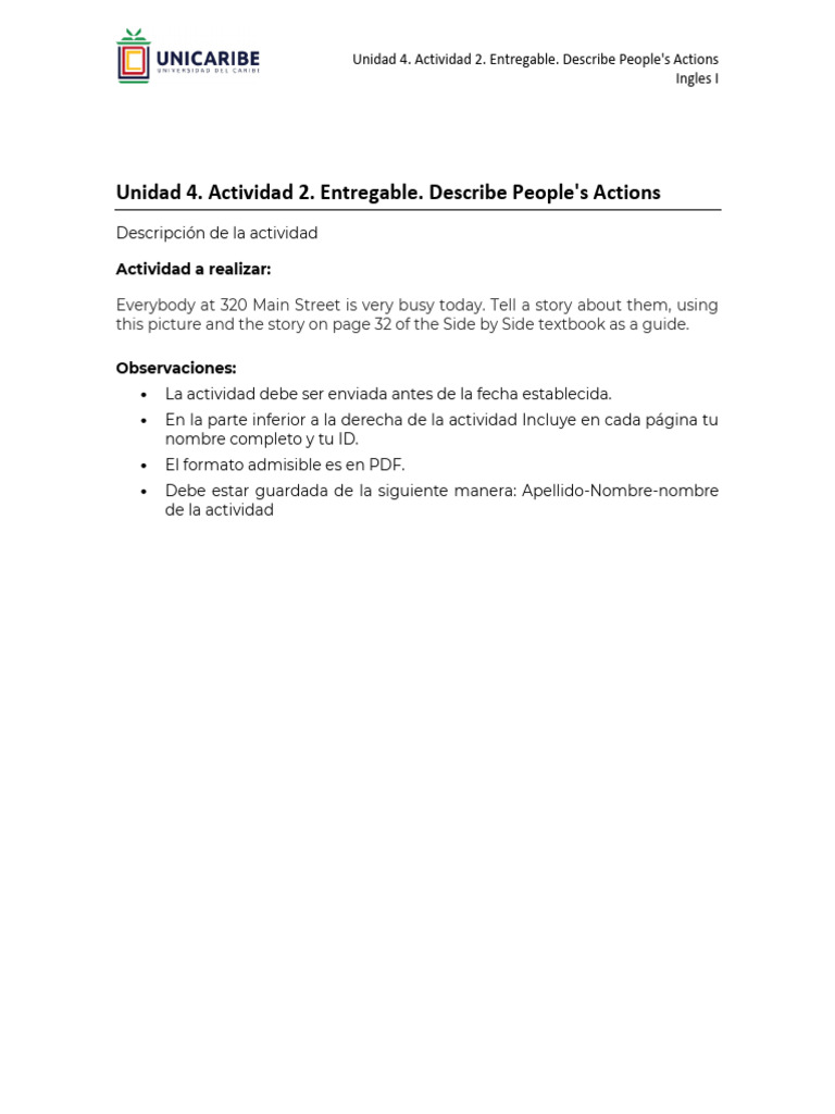 Unidad 4. Actividad 2. Entregable. Describe People's Actions | PDF