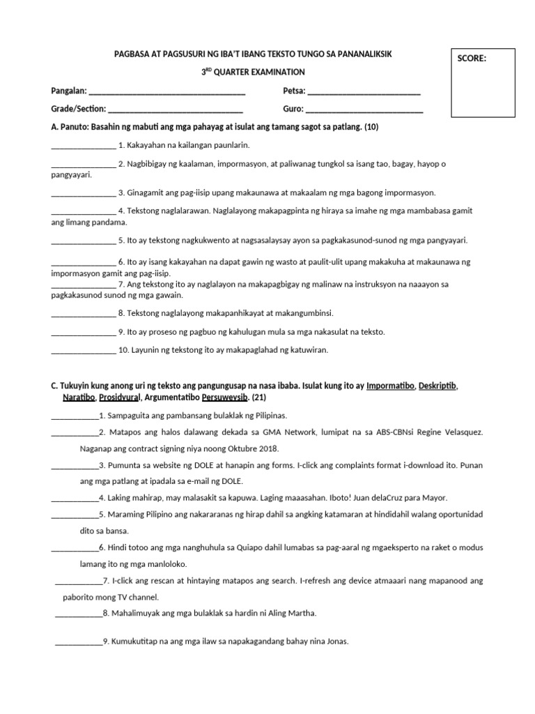 Pagbasa at Pagsusuri NG Iba - Quiz | PDF