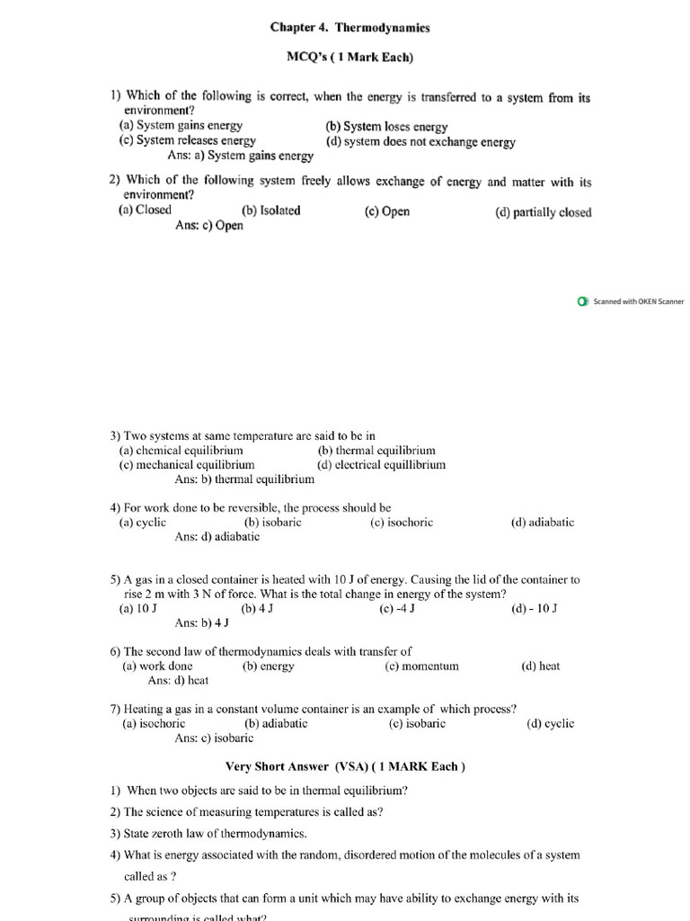 Thermodynamics Subjective QB | PDF