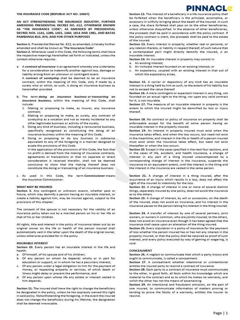 Insurance Code (Lecture Notes) - Unlocked | PDF | Insurance | Surety