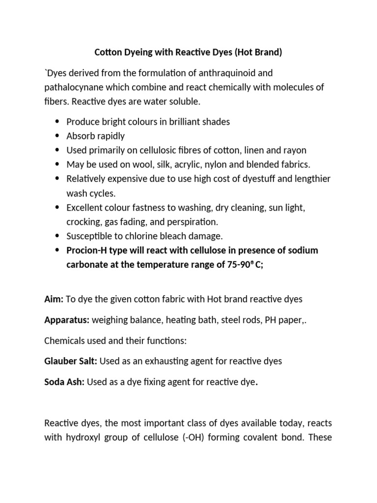 Dyeing of Hot Brand Reactive Dyes | PDF | Dye | Chemical Substances