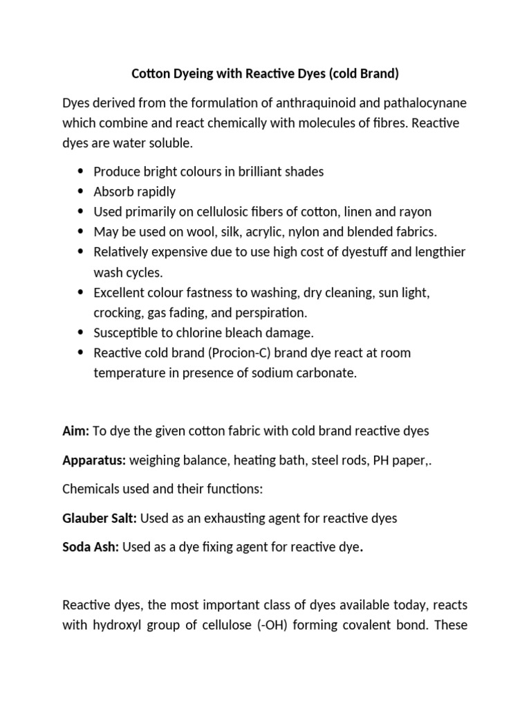 Dyeing of Reactive Cold Brand Dyes On Cotton | PDF | Dye | Chemical ...