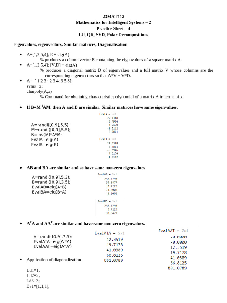 MIS-2_PracticeSheet-4 (1) | PDF | Eigenvalues And Eigenvectors | Matrix (Mathematics)