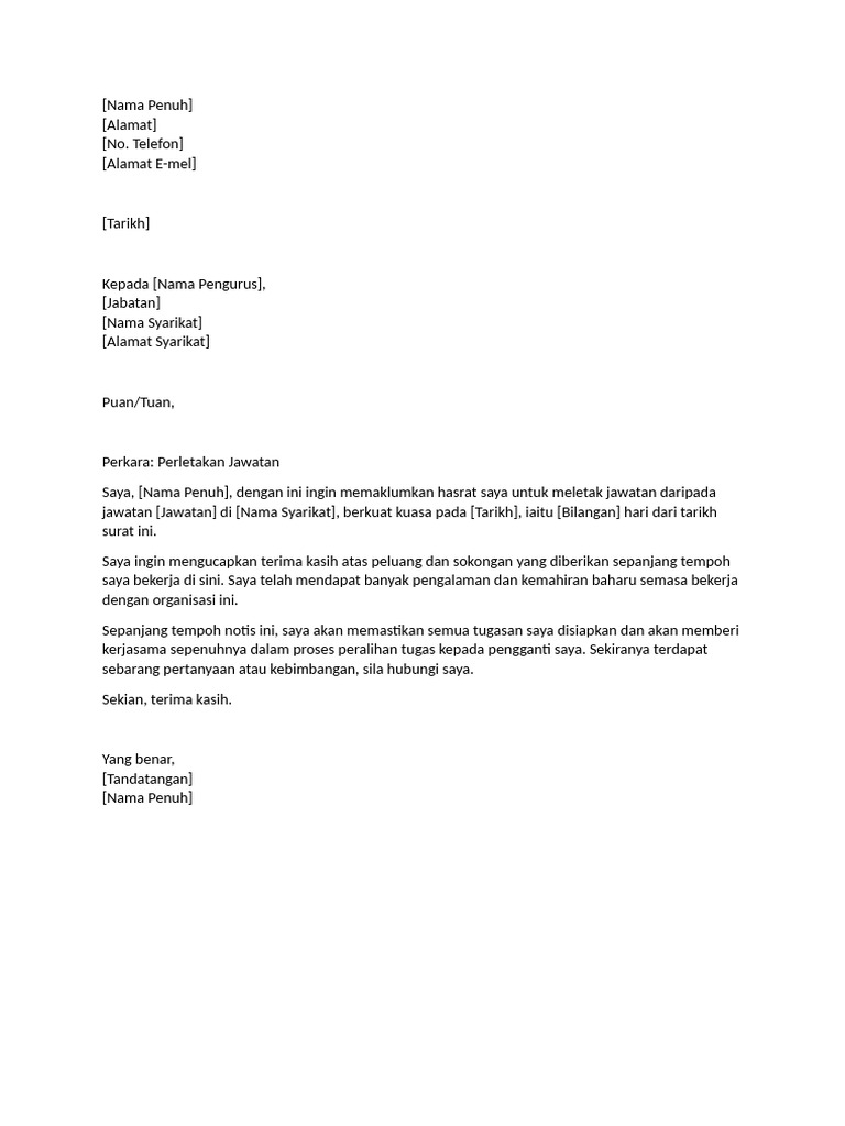 Contoh Surat Perletakan Jawatan | PDF