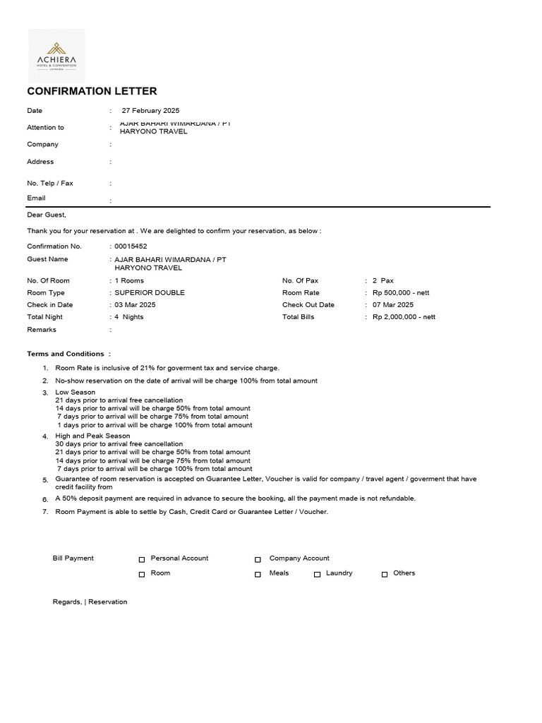 Reservation Confirmation Letter Template | PDF | Payments | Financial ...