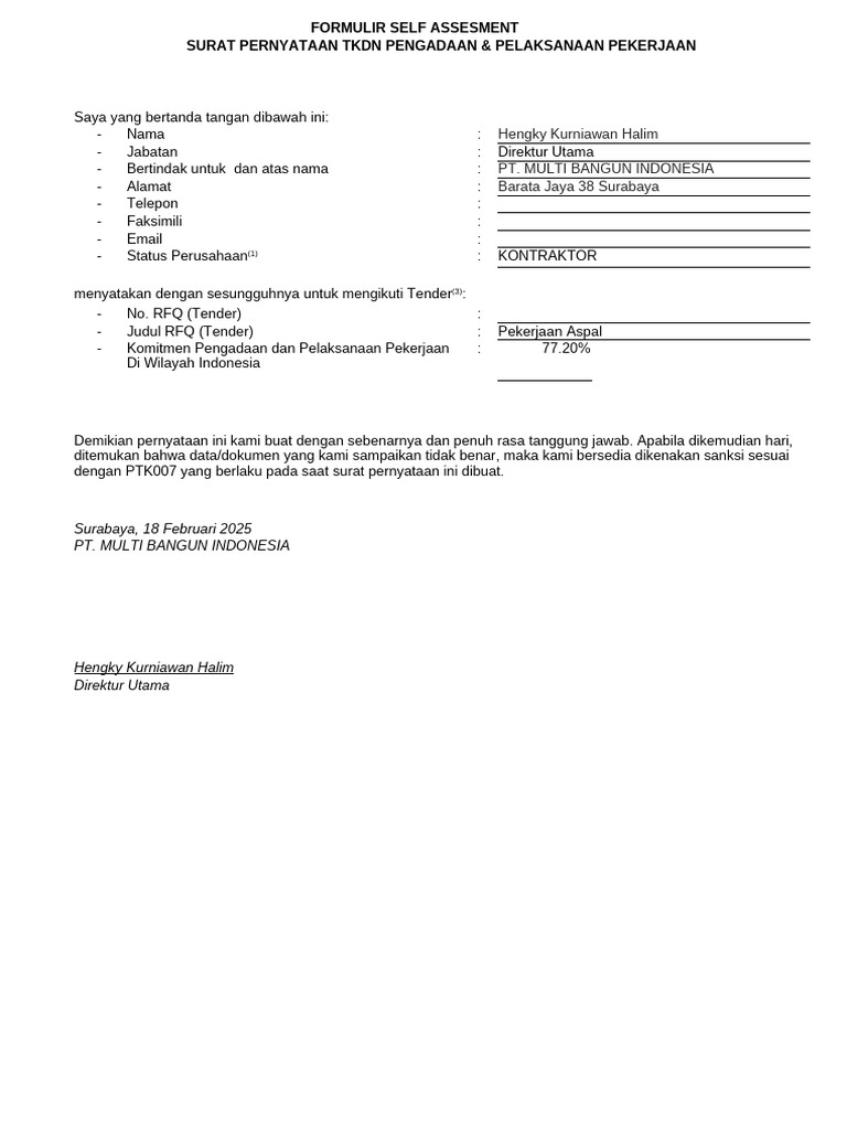Form TKDN (Rumus Hitungan TKDN) | PDF