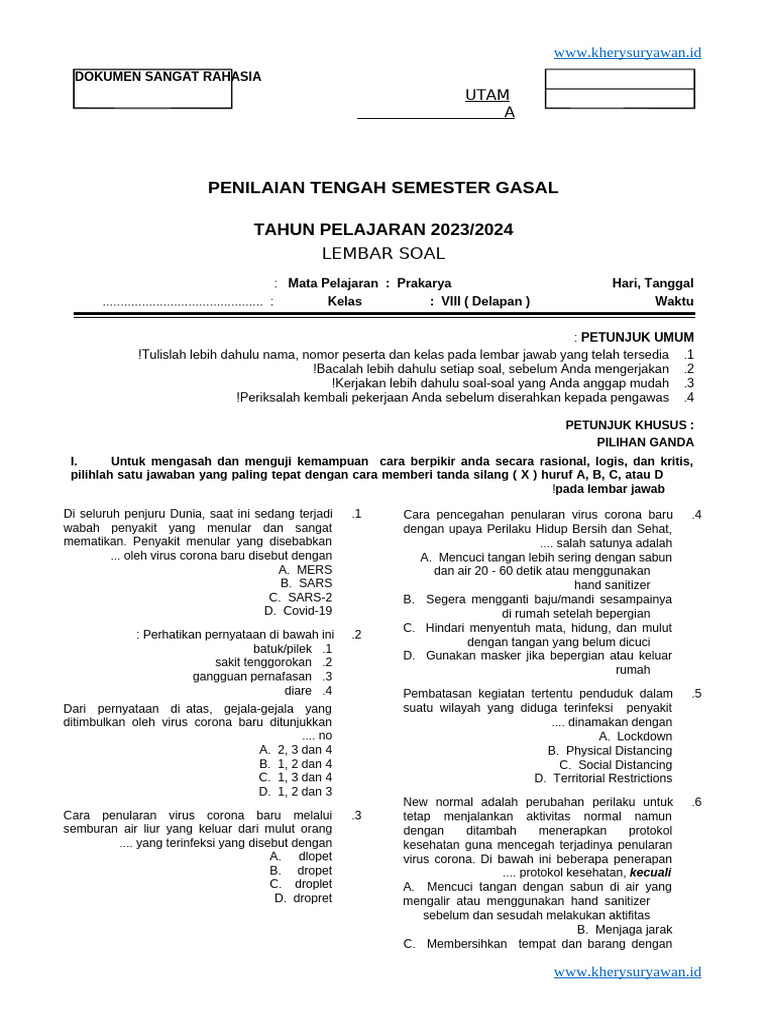 1 - Soal PTS Prakarya Kelas 8 Sem.1 - WWW - Kherysuryawan.id | PDF
