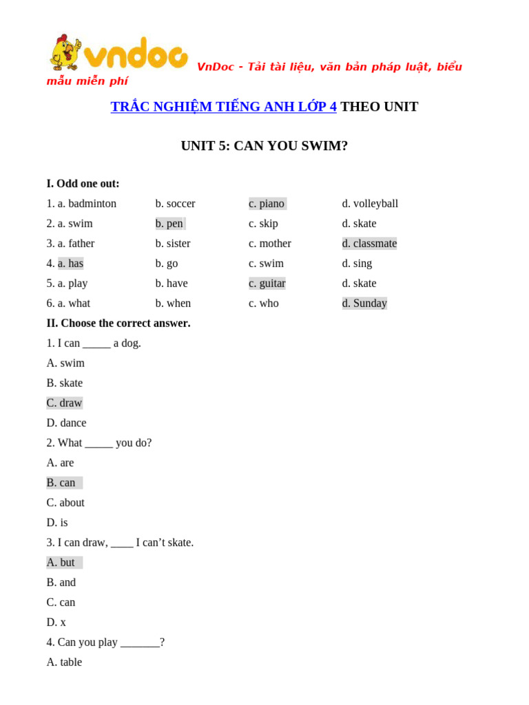 trac-nghiem-tieng-anh-lop-4-unit-5-can-you-swim | PDF