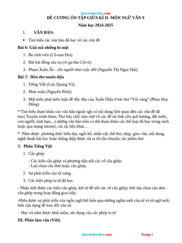 thuvienhoclieu.com-De-cuong-on-tap-giua-HK2-Ngu-van-9-nam-24-25 | PDF