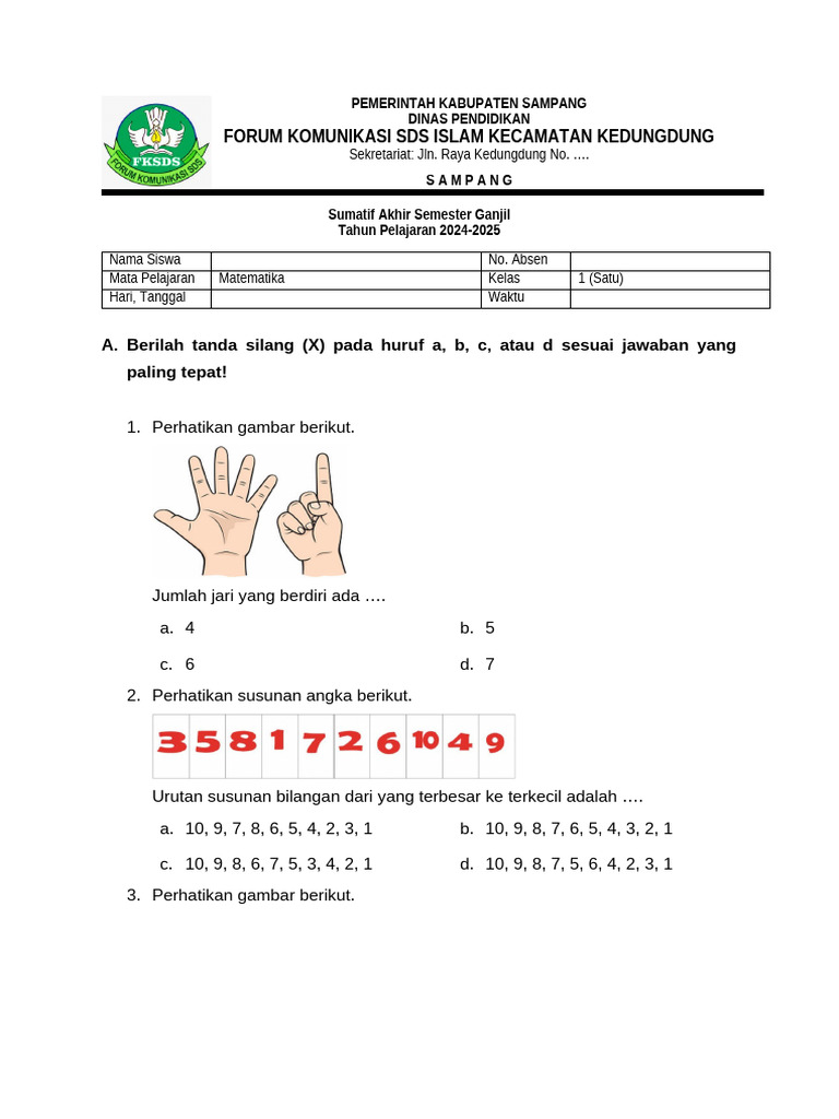Edit Soal Asas Ganjil Matematika Kelas 1 | PDF