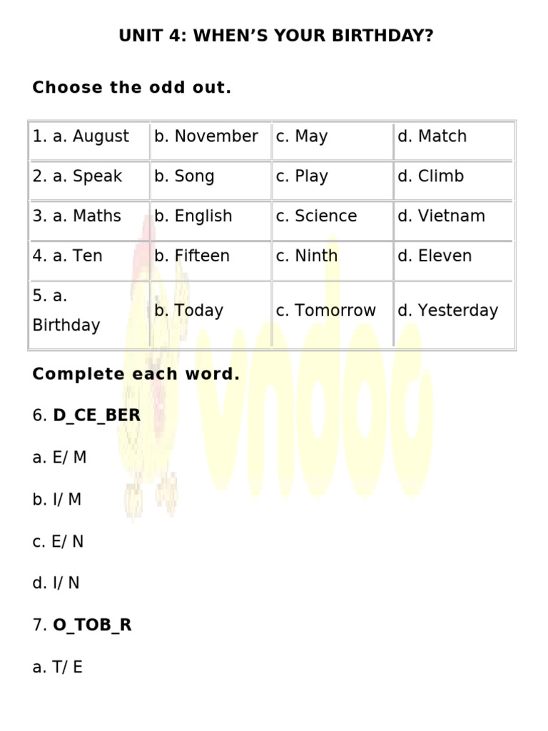 Birthday Vocabulary and Grammar Quiz | PDF