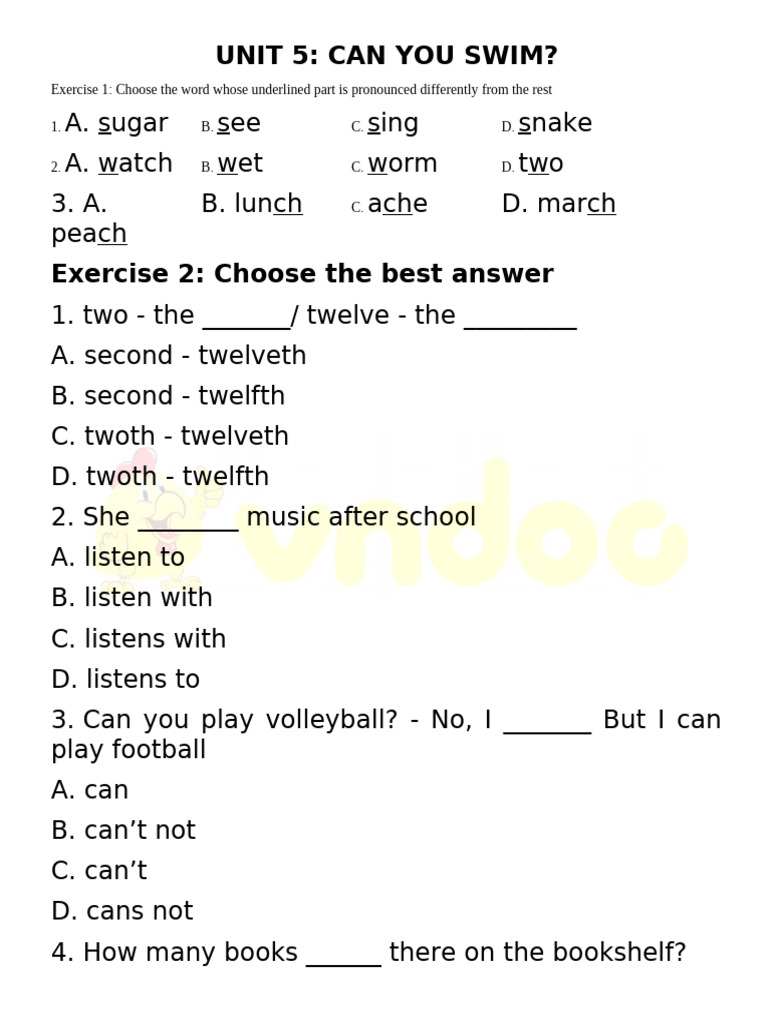 UNIT 5 - CAN YOU SWIM EXERCISE 2 | PDF