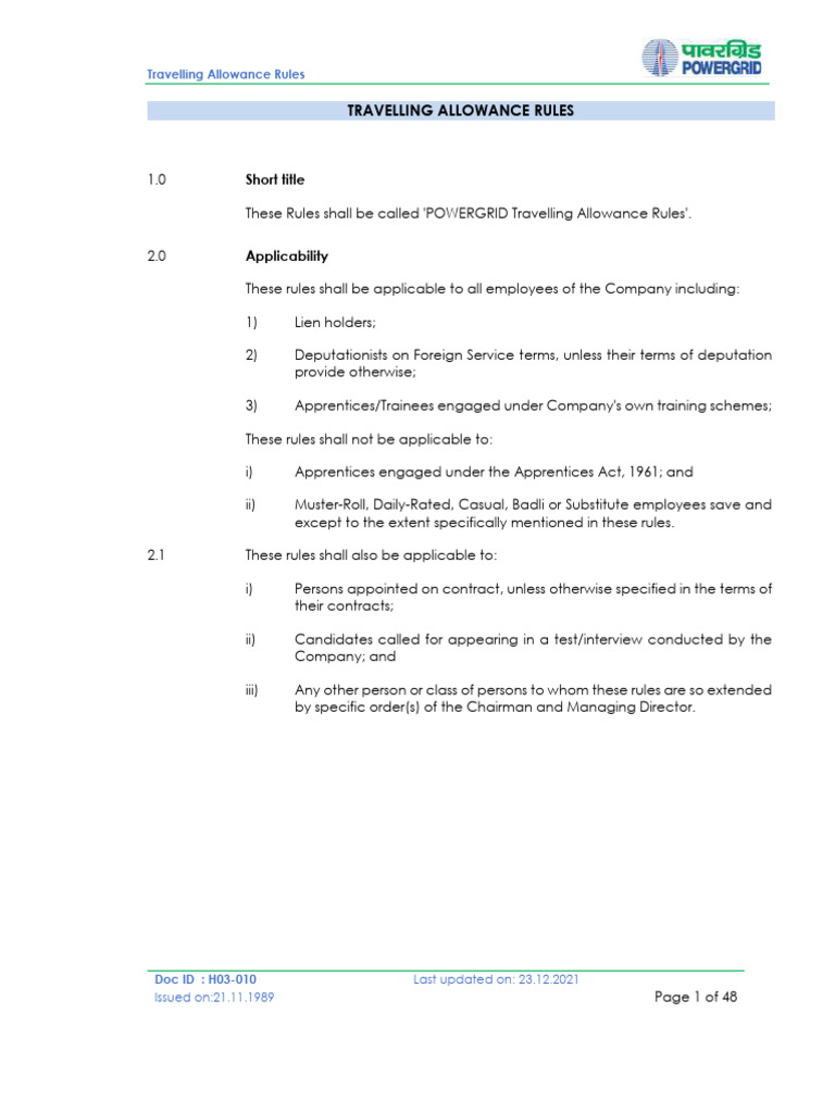 POWERGRID Travel Allowance Guidelines | PDF | Employment | Per Diem