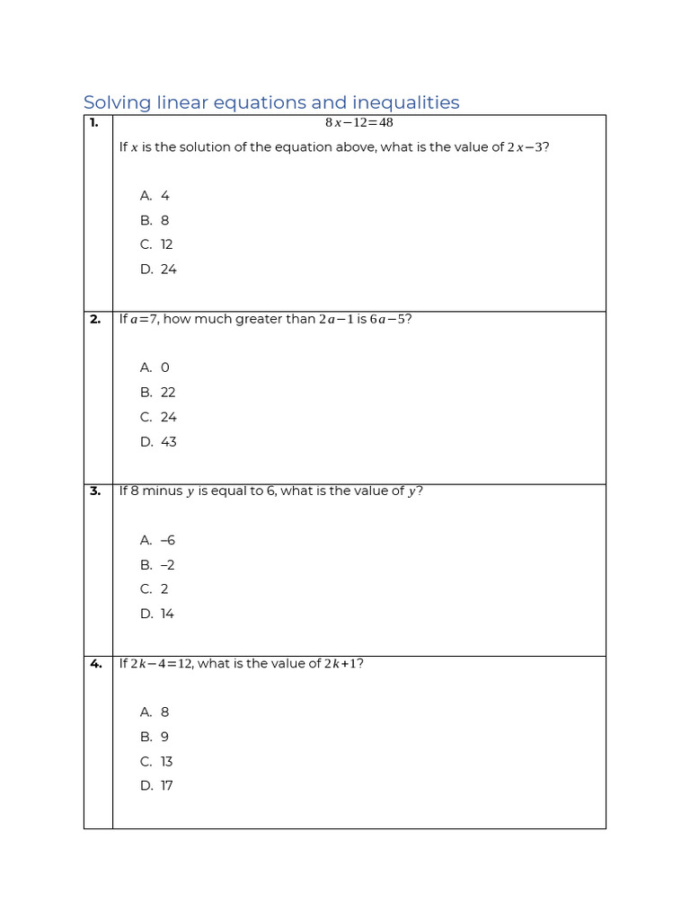 Solving Linear Equations and Inequalities QB (Easy) | PDF | Equations ...