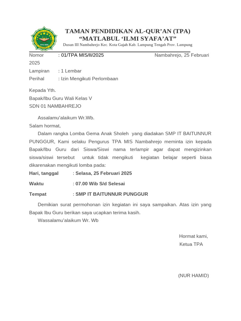 Surat Izin Mengikuti Lomba | PDF