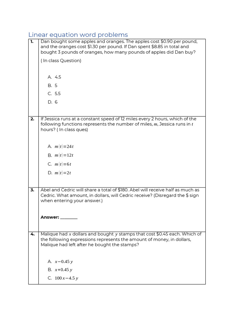 Linear Equation Word Problems QB (DONE) | PDF
