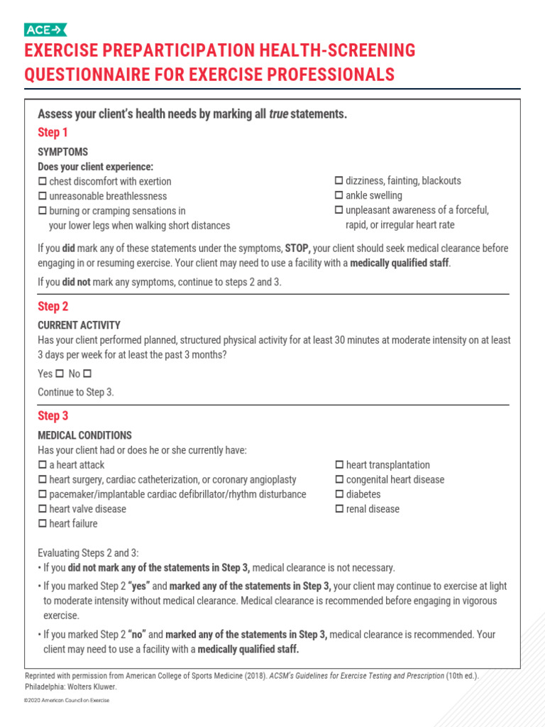 21 Exercise Preparticipation Health-Screening Questionnaire For ...