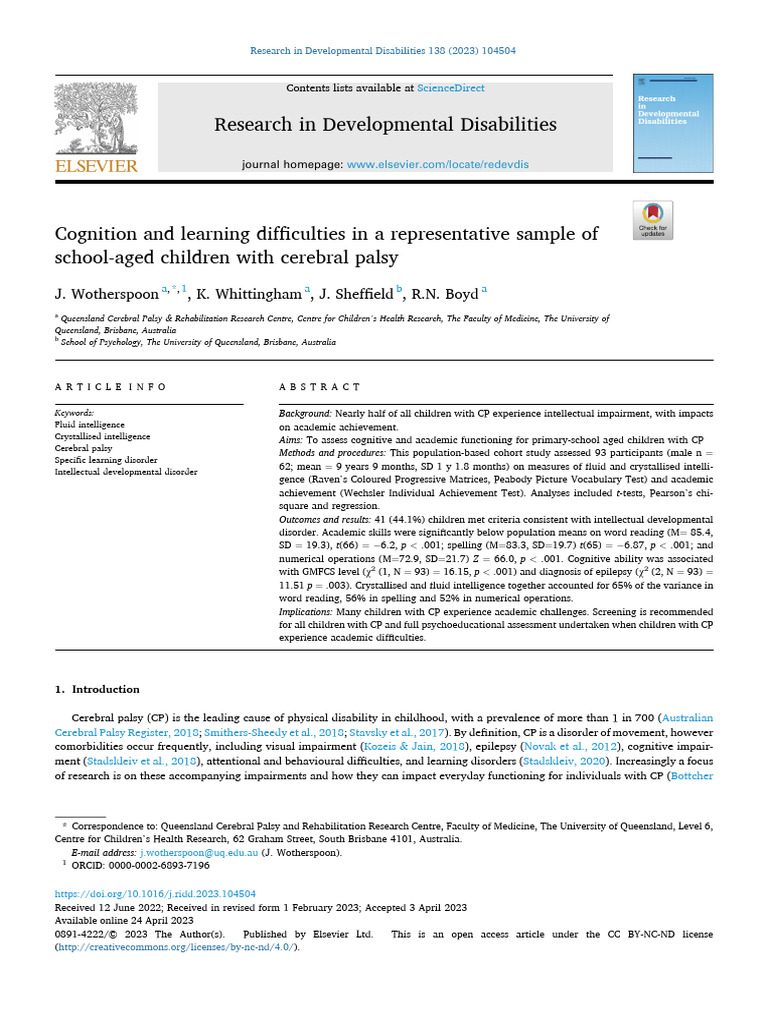Cognition and Learning Difficulties in A Representative Sample of ...