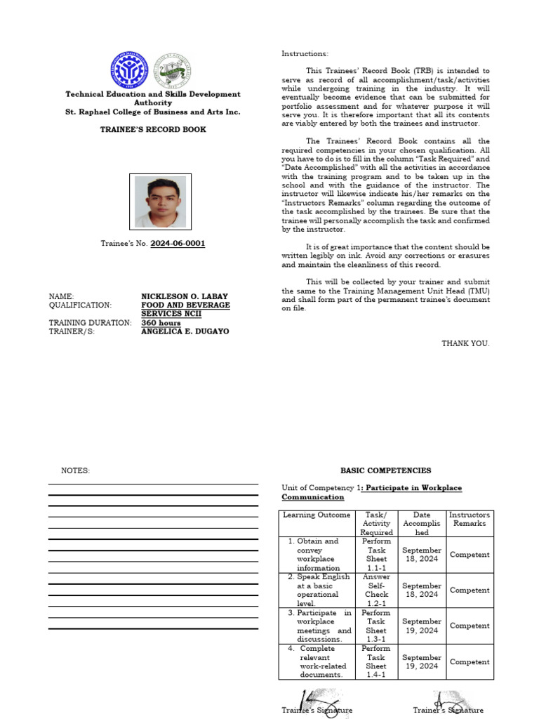 Trainee Record Book for Food Services NCII | PDF | Occupational Safety ...