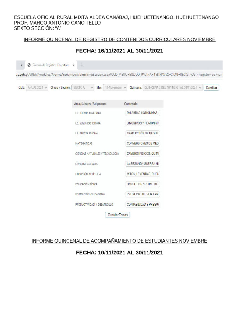 Informe Quincenal Escuela Canábaj | PDF