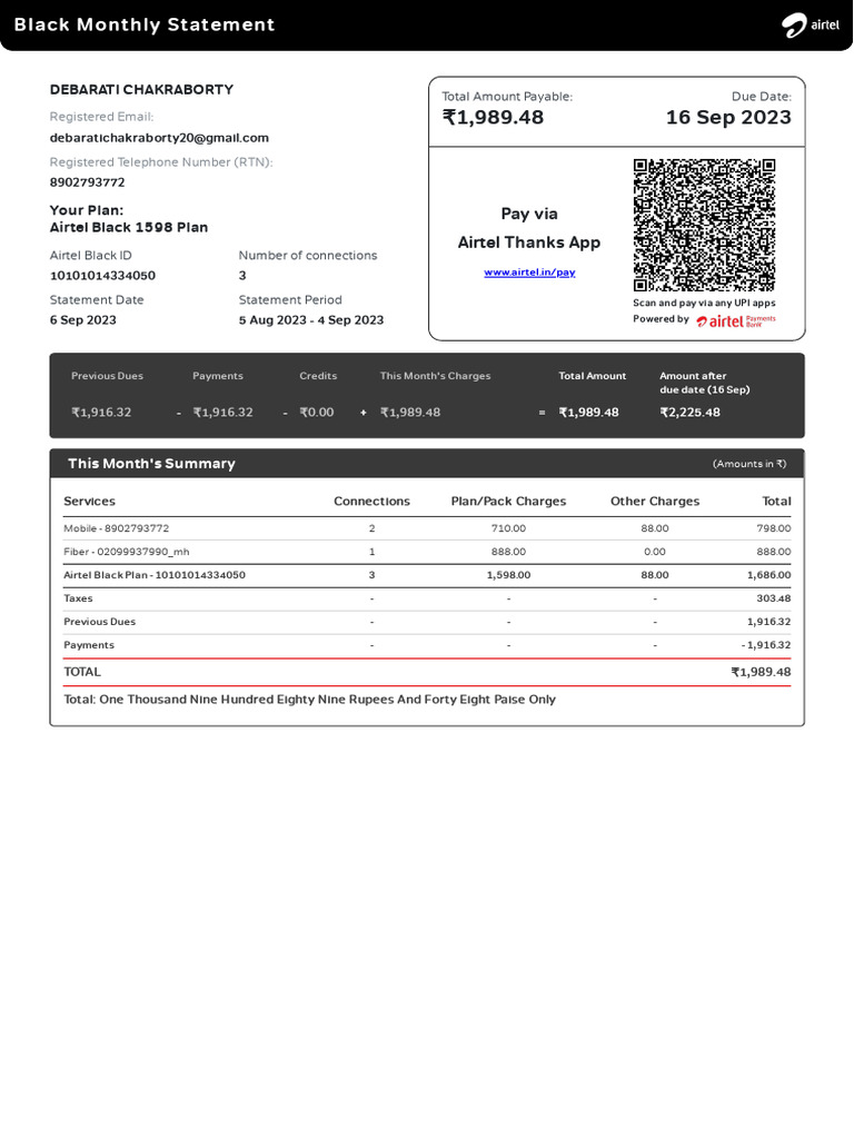Airtel Black Monthly Bill Summary | PDF | Credit Card | Cheque