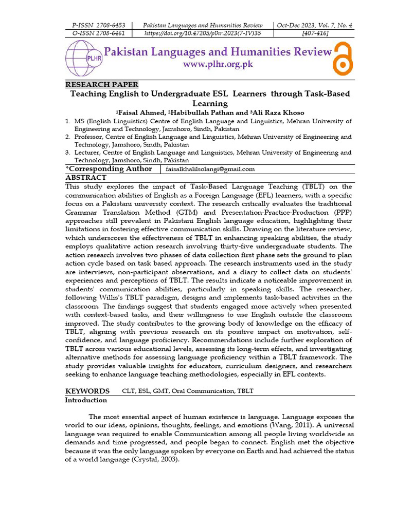 35.+Teaching+English+to+Undergraduate+ESL+Learners+through+Task-Based+Learning | PDF | English ...