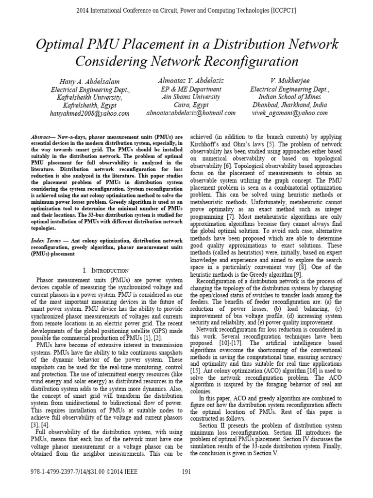 Optimal PMU Placement in A Distribution Network Considering Network ...