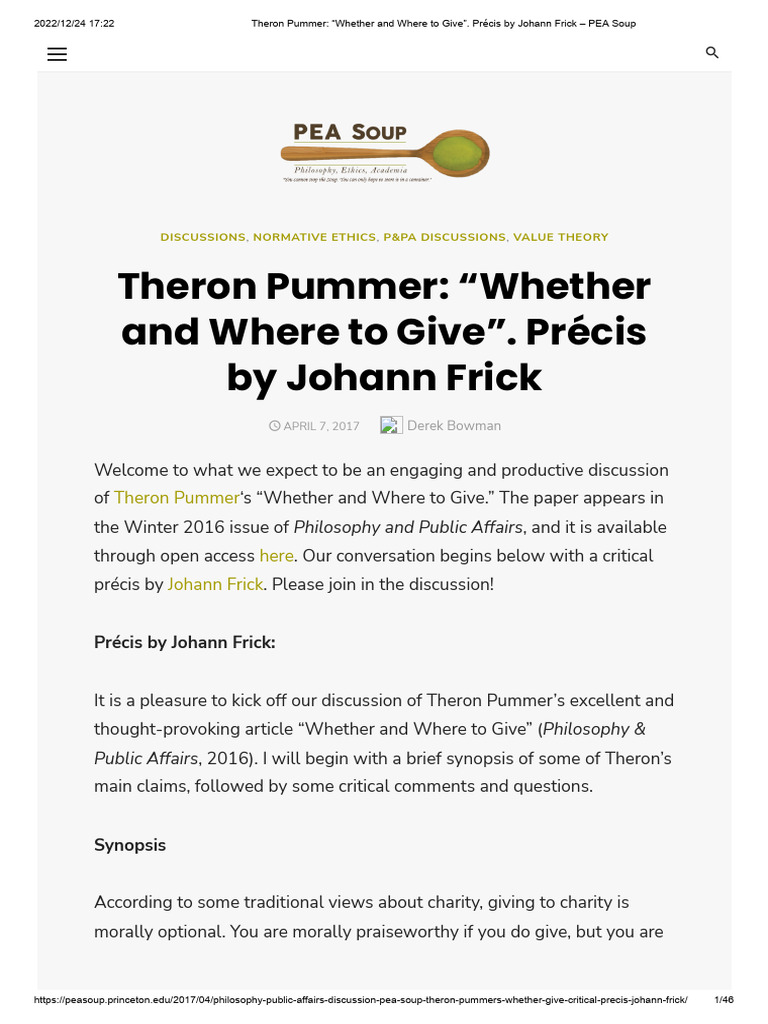 Theron Pummer "Whether and Where To Give". Précis by Johann Frick | PDF