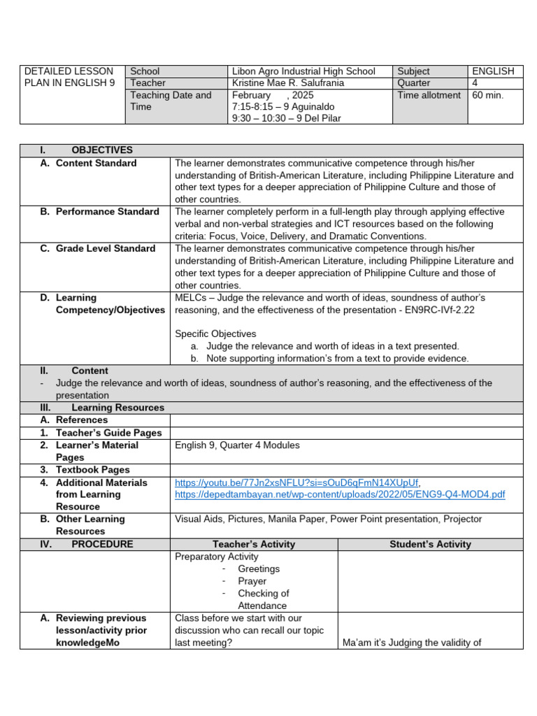 ENGLISH 9 Q4 DLP 1 | PDF | Truth | Learning