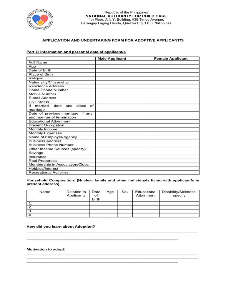 Application and Undertaking Form For Adoptive Parents | PDF | Children ...