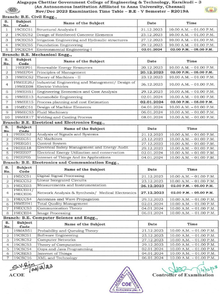 NOV DEC 2023 BE V Semester Timetable | PDF