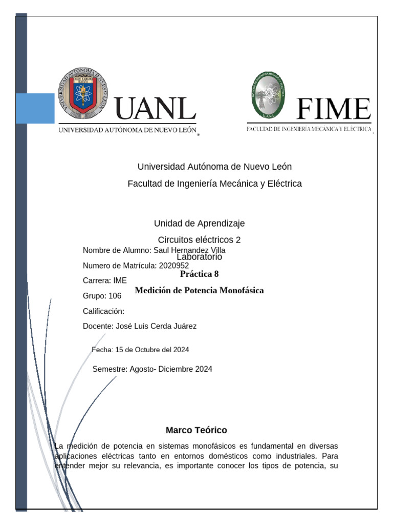 Practica8 CE2 LAB 2020952 IME | PDF | Energia electrica | Ingenieria Eléctrica