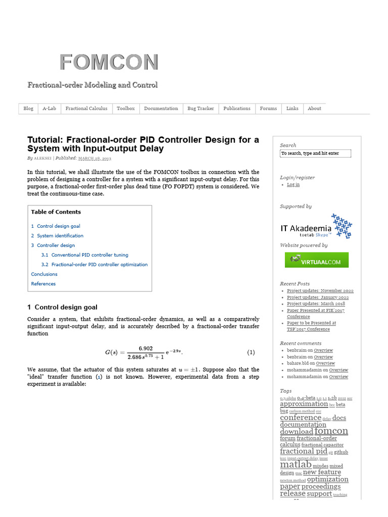 Tutorial Fractional Order Pid Controller Design For A System With Input Output Delay Pdf