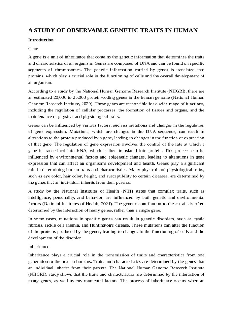 A Study of Observable Genetic Traits in Human | PDF | Gene | Genetics